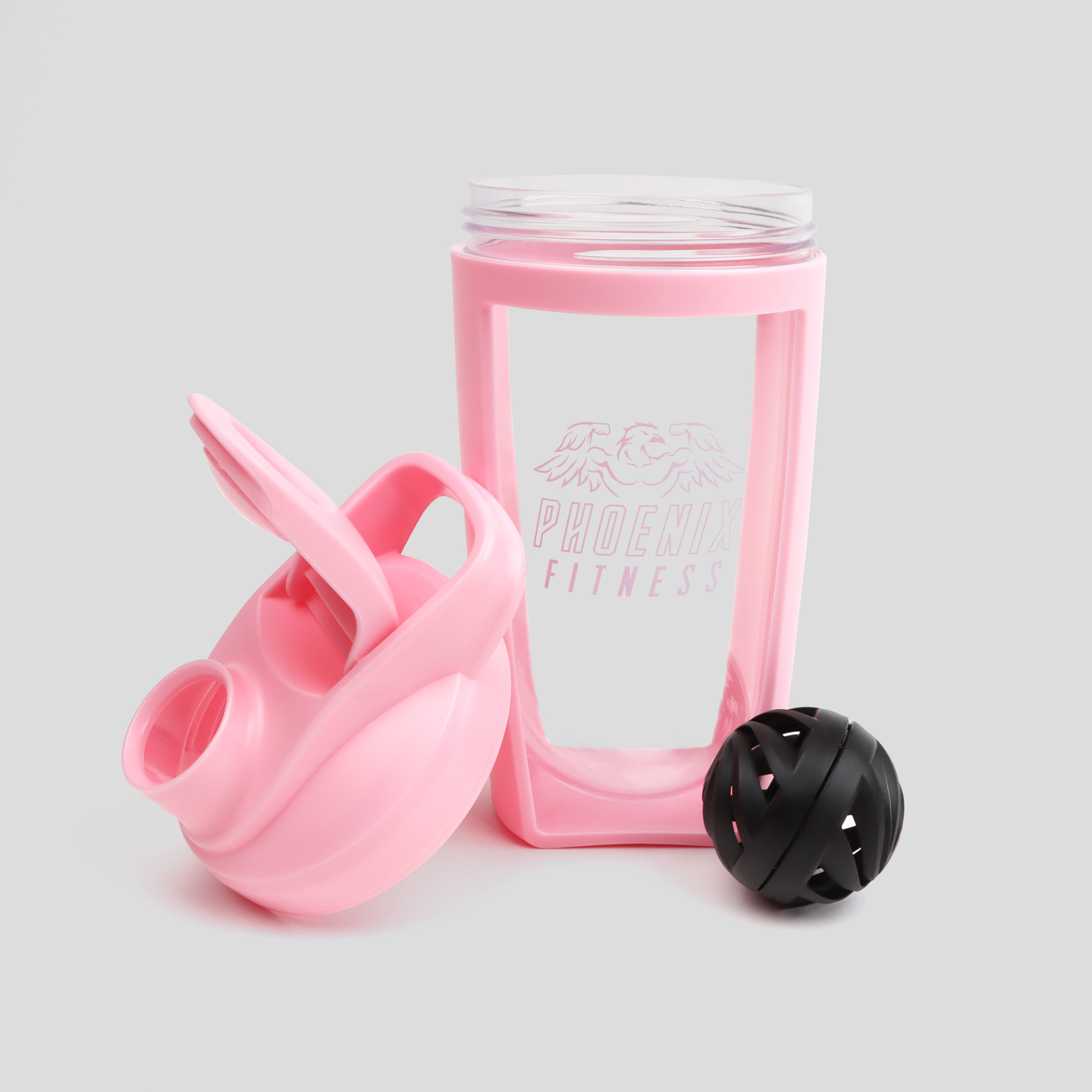 Phoenix Fitness, Pink 600ml Protein Shaker With Mixer Ball - Buds Fitness